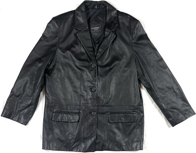 Outbrook Woman Black Leather Blazer Sz 1X 3 Button Front Jacket Pockets ...