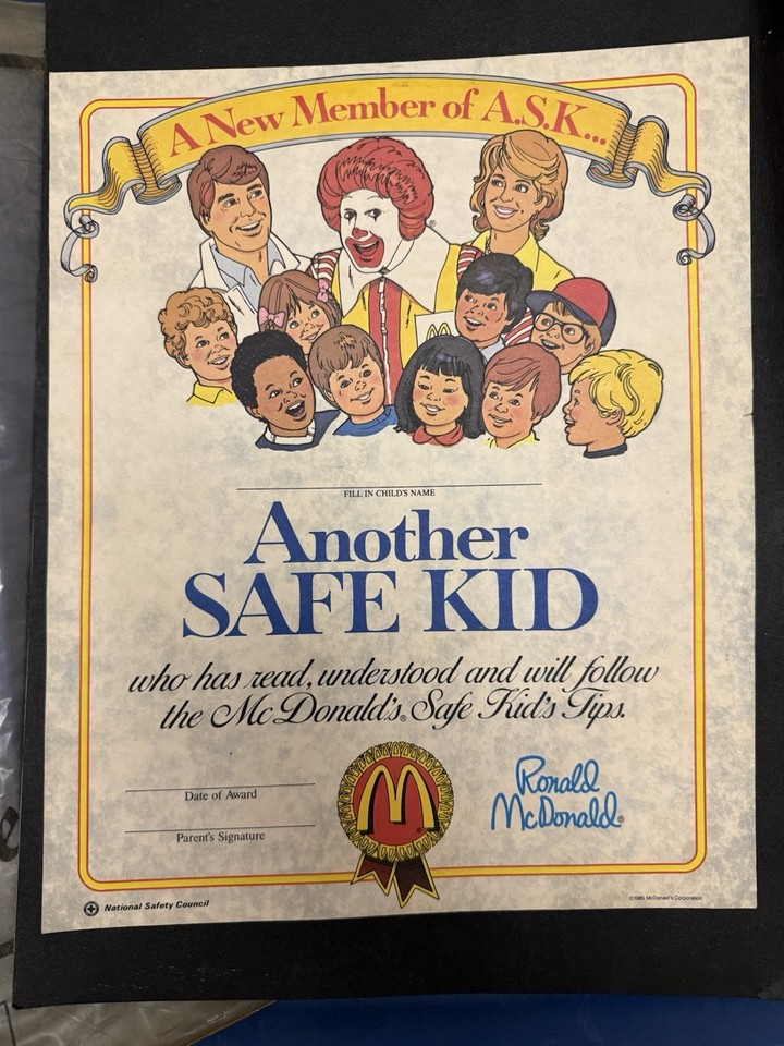 1986 McDonald’s Safe Kids Certificate Ronald McDonald Vintage Poster | eBay