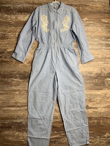 Vintage Pearl Embellished Denim Dressy Coveralls Jumpsuit USA 14 Zip Front INFO | eBay