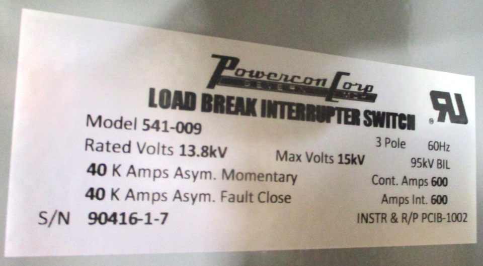 POWERCON CORP., PC1B-1002B, LOAD BREAK INTERRUPTER SWITCH, TYPE-PIF ...