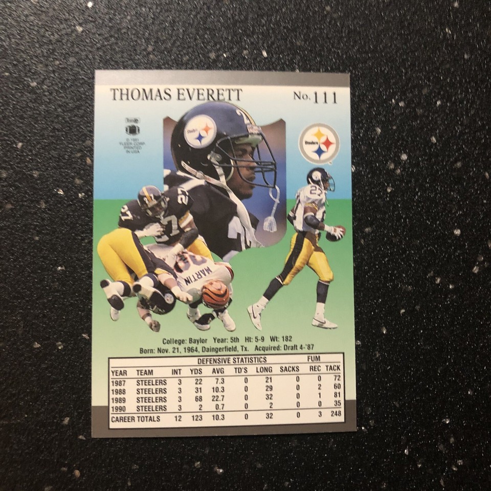 Thomas Everett 1991 Fleer Ultra Football #111 NFL Pittsburgh Steelers ...