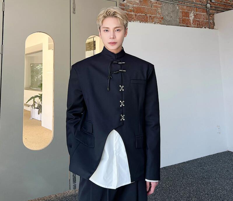 Men's Fashion Chinese Style Stand Collar Long Sleeve Loose Asymmetrical ...
