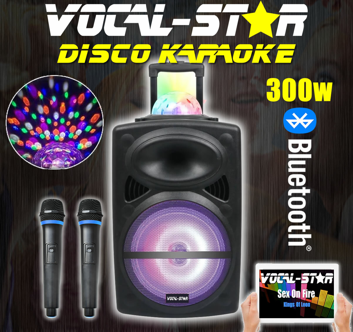 VOCAL-STAR KARAOKE MACHINE INC DISCO LIGHTS BLUETOOTH 2 WIRELESS ...