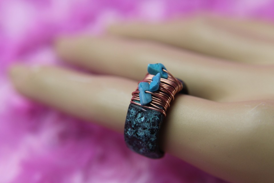 Boho Copper Turquoise Bent Metal Angular Stone Cuff Ring | eBay