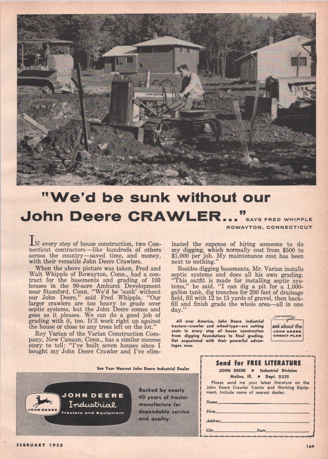 1958 Ad * Fred Whipple Walt Whipple Contractor Rowayton CT * John Deere ...