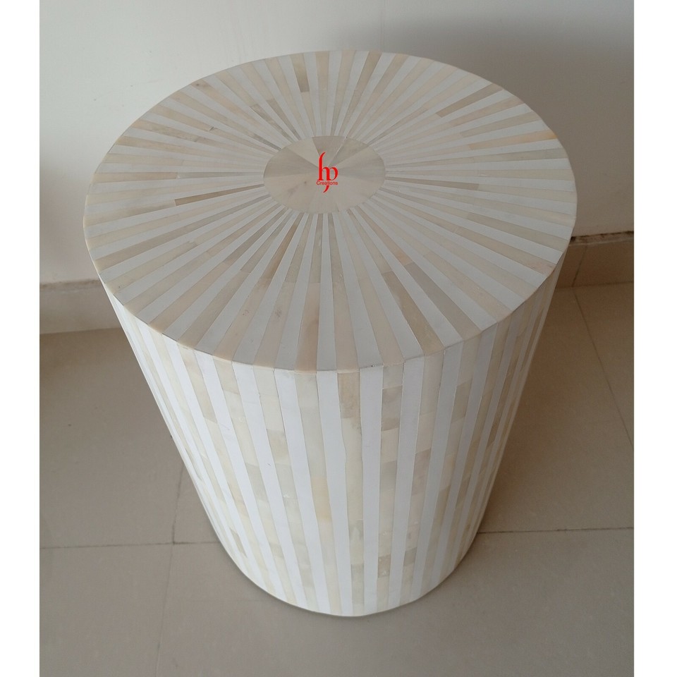White Round Stool | Handmade Bone Inlay Stripe Stool Table | Home Decor ...