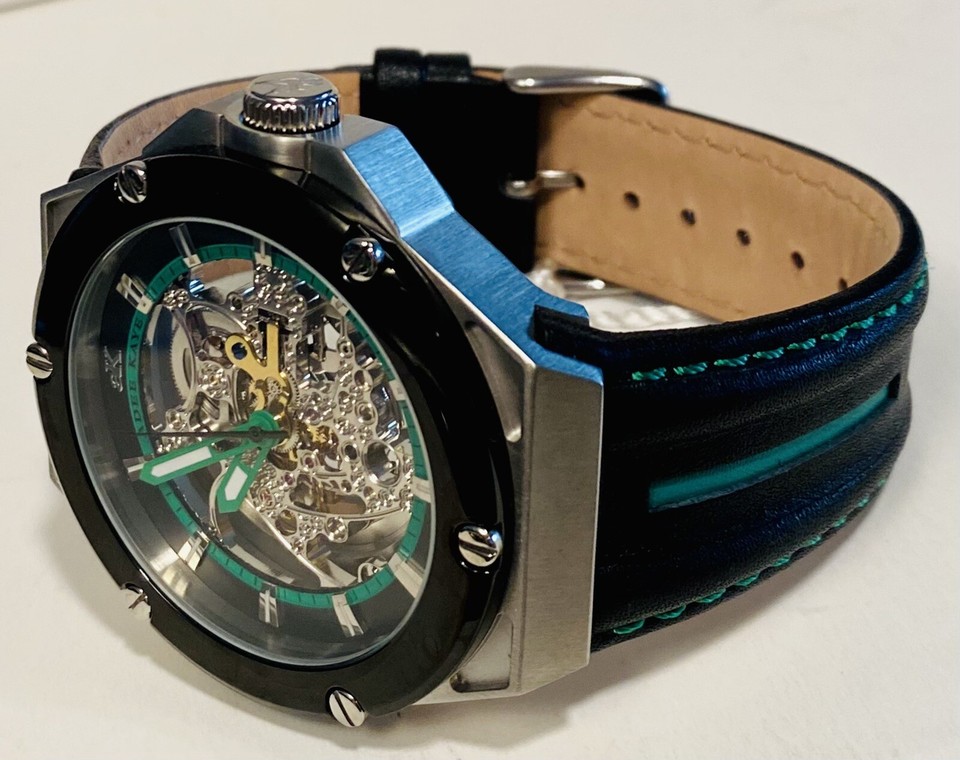50mm Auto Green Skeleton Silvertone | Black Strap ADEE KAYE Mens ...