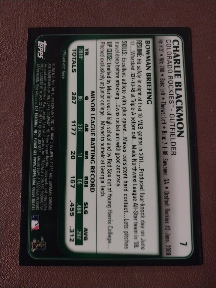 2011 CHARLIE BLACKMON BOWMAN CHROME BASEBALL ROOKIE CARD RC #7 COLORADO ...
