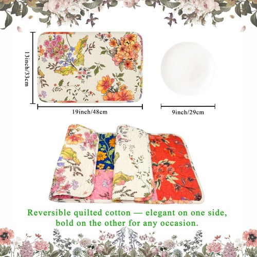 Patchwork Floral Quilted Placemats Set of 6 – 13x19 Cotton Table Mats ...