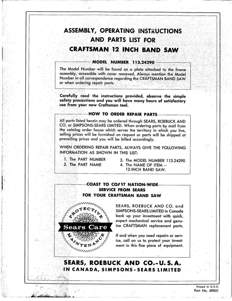 1969 Craftsman 113.24290 12" Band Saw-Assy, Operating Instructions ...