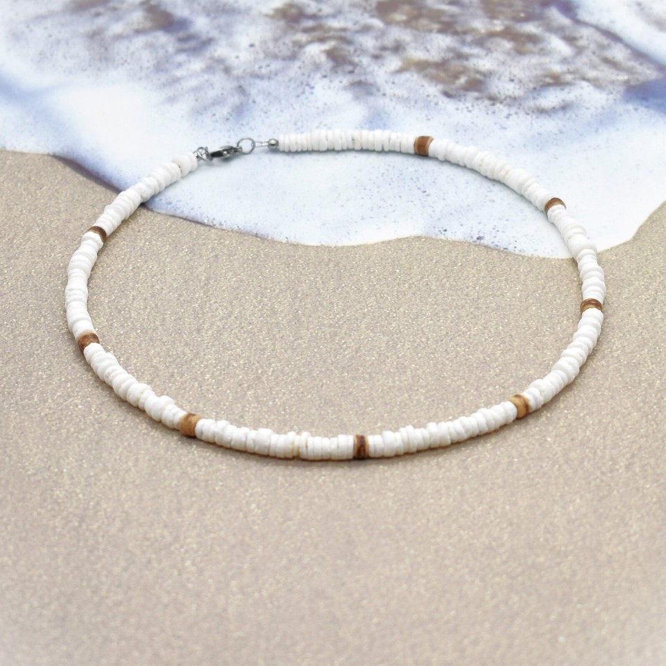 Bohemian Surfer Shell Necklace White Puka Shell Coconut Wood ...
