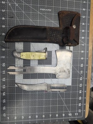 Vintage Western Knife & Ax Hatchet Combo~Yellow Pearl Handle w/Sheath ...