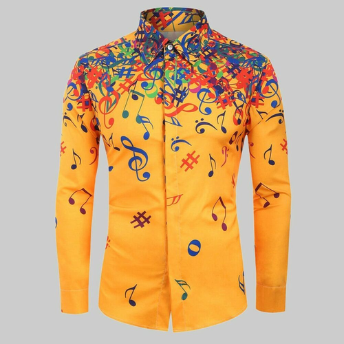 Mens Casual Novelty Musical Note Pattern Casual Long Sleeve Shirts Tops ...