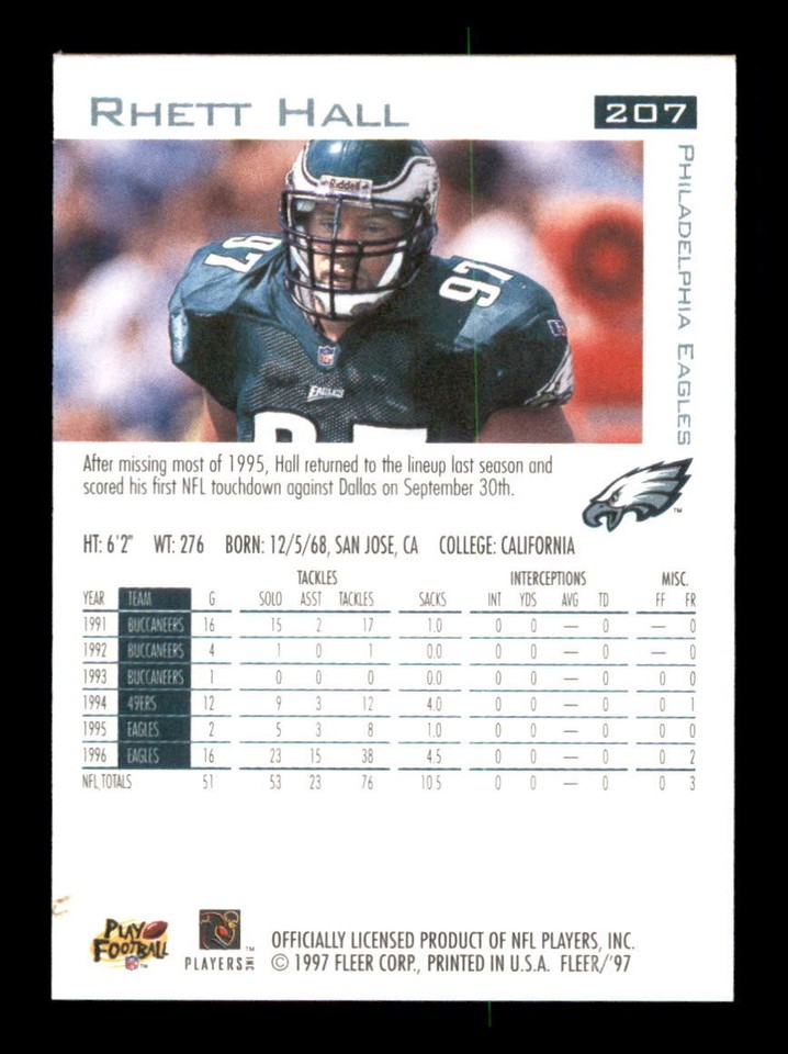 1997 Football Fleer Rhett Hall Philadelphia Eagles #207 RC | eBay