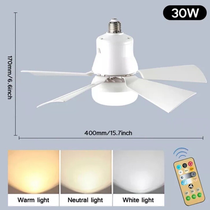 Ceiling Fan E27 Socket Fan 30W with Dimmable LED Light Remote ...