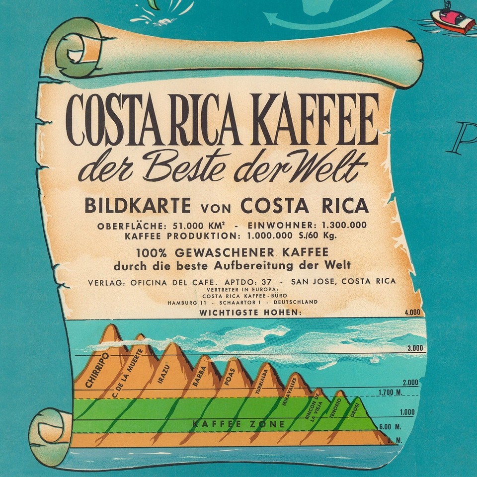 Costa Rica Coffee Map circa 1967 | Art Print Poster Vintage Wall Decor ...