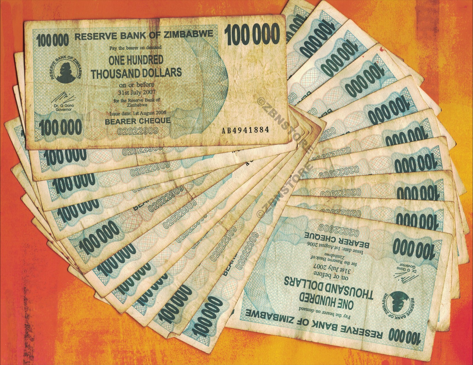 20 x 100,000 Zimbabwe Dollars Special Cheque 2007 Authentic Used ...