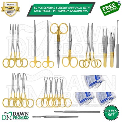 50 Pcs General Surgery Spay Pack W/Gold Handle Veterinary Instruments ...