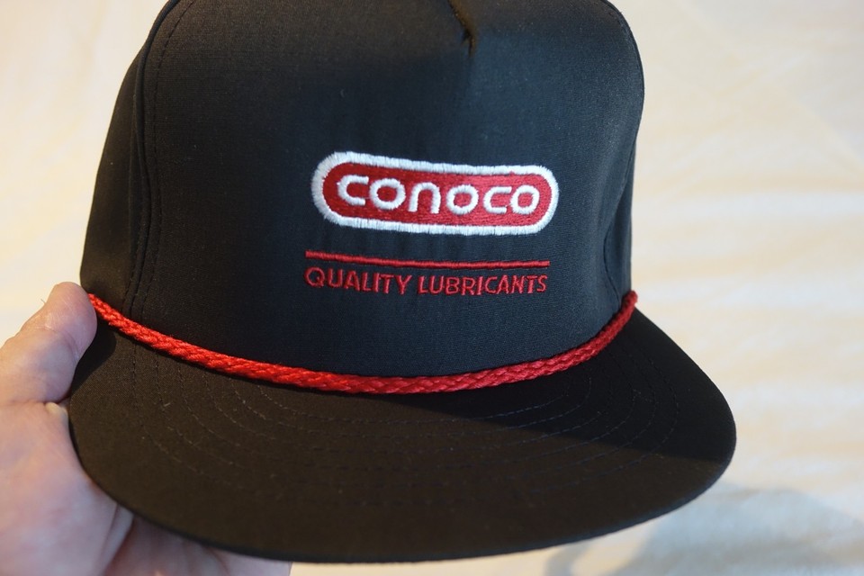 NOS NEW Vintage CONOCO Quality Lubricants Strapback Red Rope Black Cap ...