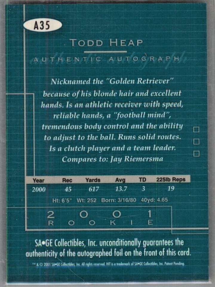 2001 SAGE Hit Todd Heap Autograph Rookie #A35 ARIZONA STATE SUN DEVILS ...