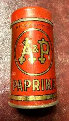 ANTIQUE Round A & P Paprika ALL METAL LITHOGRAPHED SPICE TIN CAN RED ...