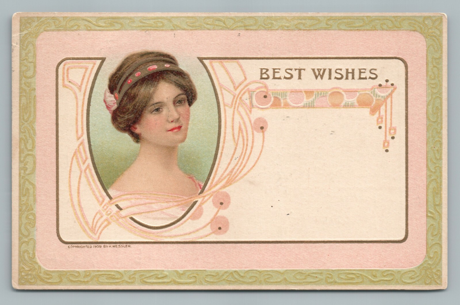 Best Wishes—Pretty ART NOUVEAU Girl w Ruby Tiara—Wessler Postcard ...