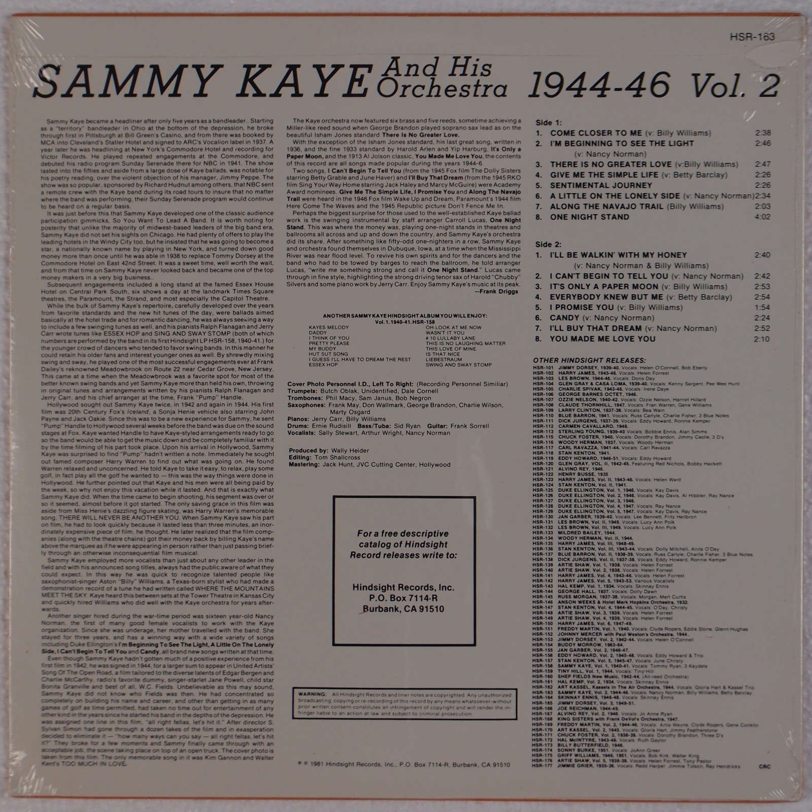 SAMMY KAYE w/ NANCY NORMAN, BILLY WILLIAMS: Uncollected SEALED Jazz ...