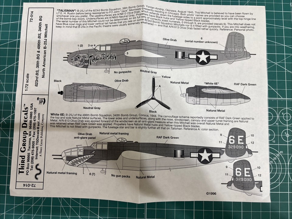 Third Group Decals 1/72 B-25J Mitchell 823rd38th BG 486th BS Decal ...