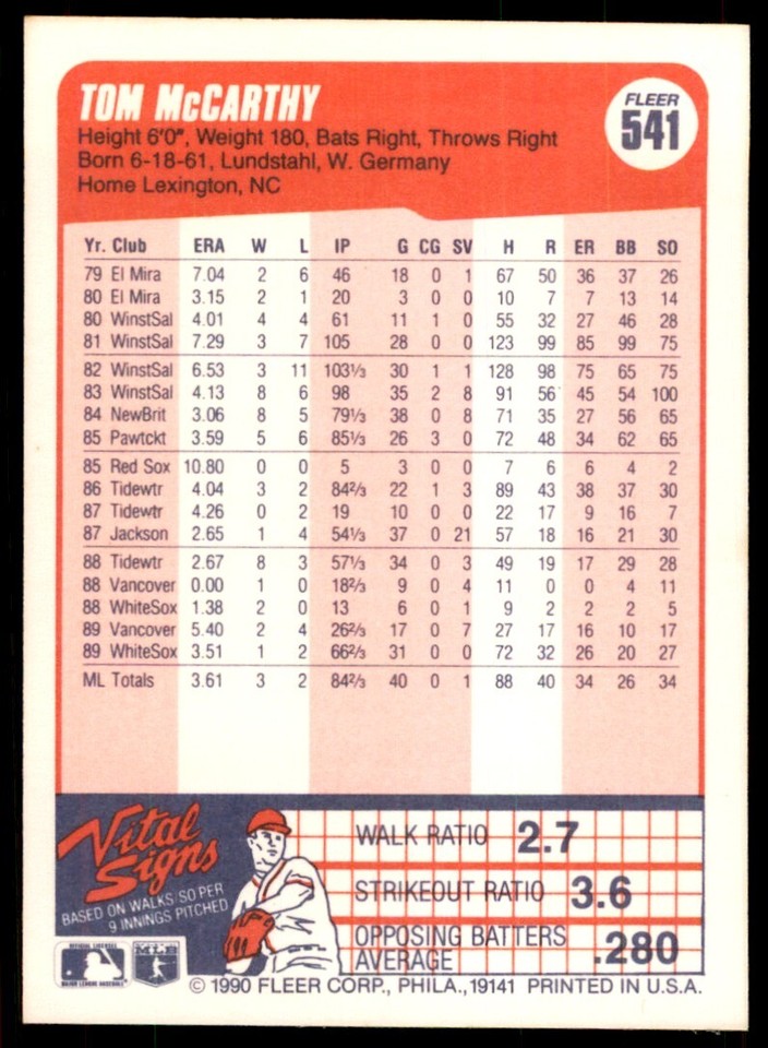 1990 Fleer Tom McCarthy Baseball Cards #541 | eBay