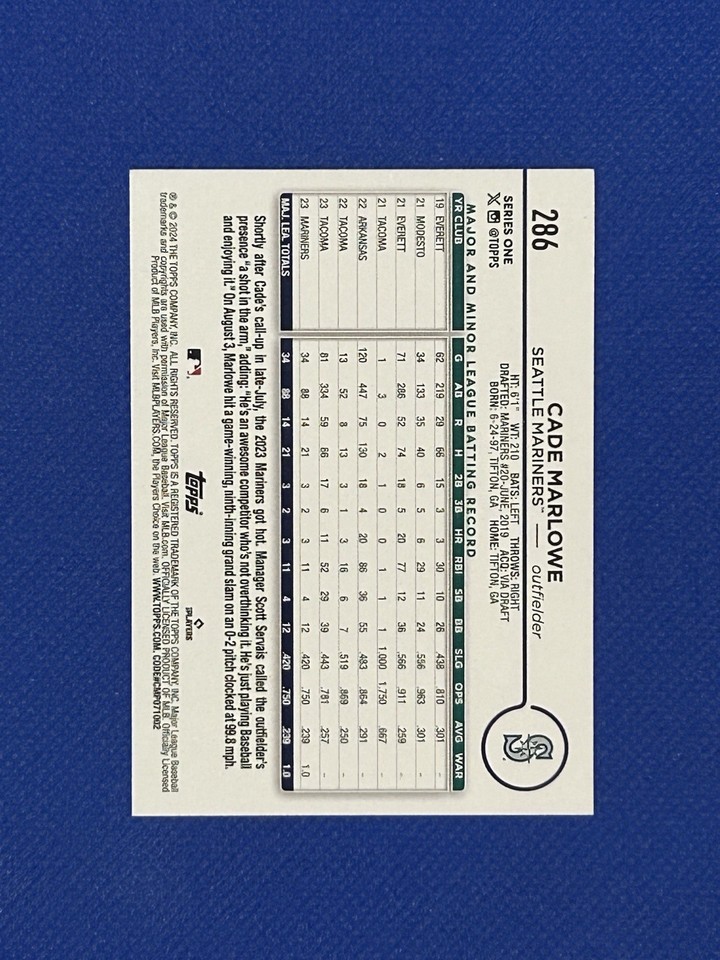 Signed Card Auto Cade Marlowe 2024 Topps #286 Seattle Mariners ...