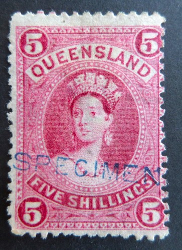 Queensland chalon 1882 5s handstamped SPECIMEN watermark crown + Q ...