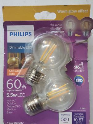 2 Philips 60-Watt Clear G16.5 LED Bulbs w/Medium Base - Dimmable - 500 ...