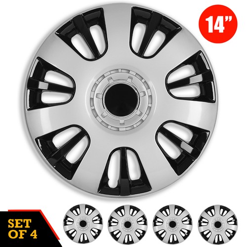 4PCS Universal Sliver & Black Lacquer 14'' Hubcaps Wheel Rim Cover Snap ...