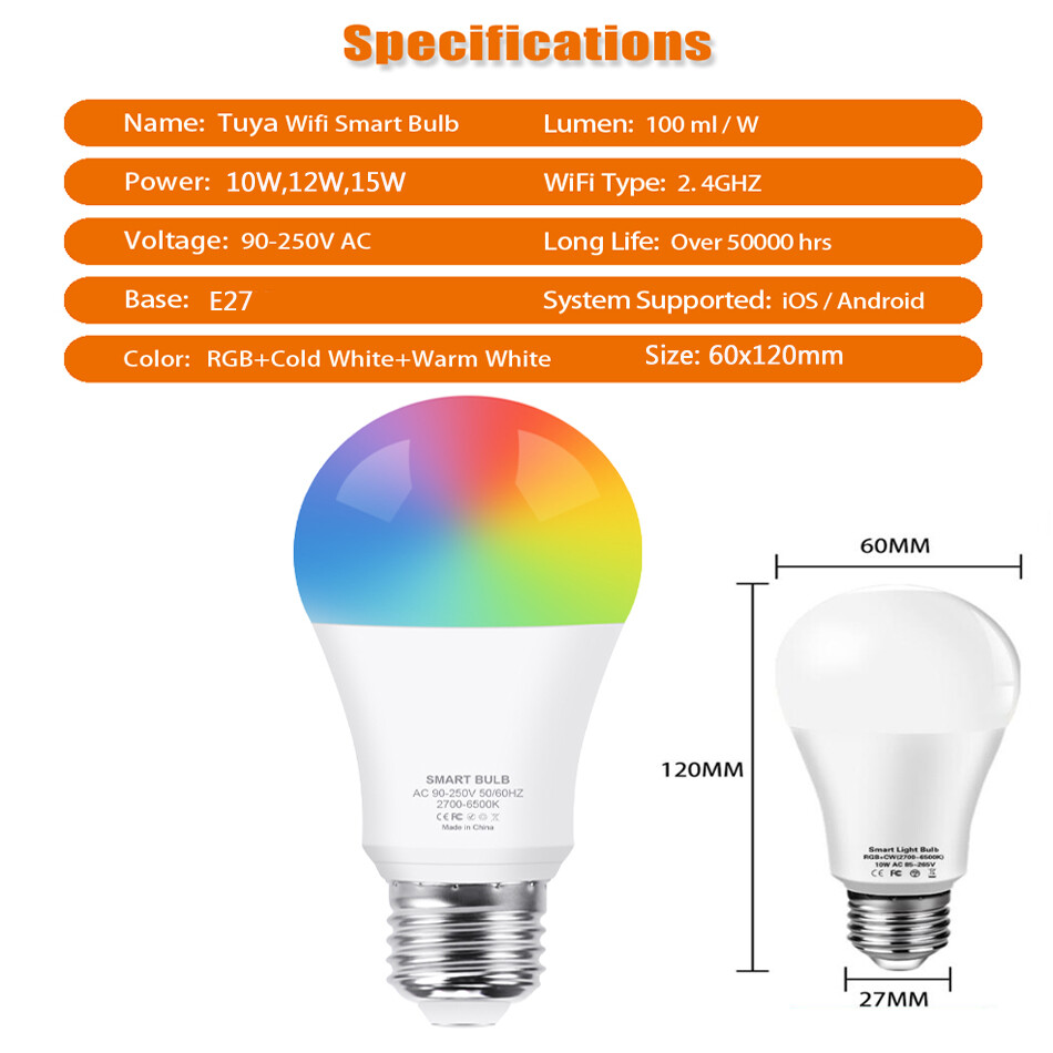 15W 18W Tuya WiFi smart light Bulb E27 led RGBWC lamp RGB Dimmable APP Control | eBay