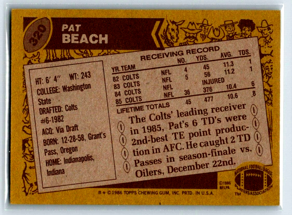 1986 NFL Topps Pat Beach #320 Baltimore Colts 86-TFBC | eBay