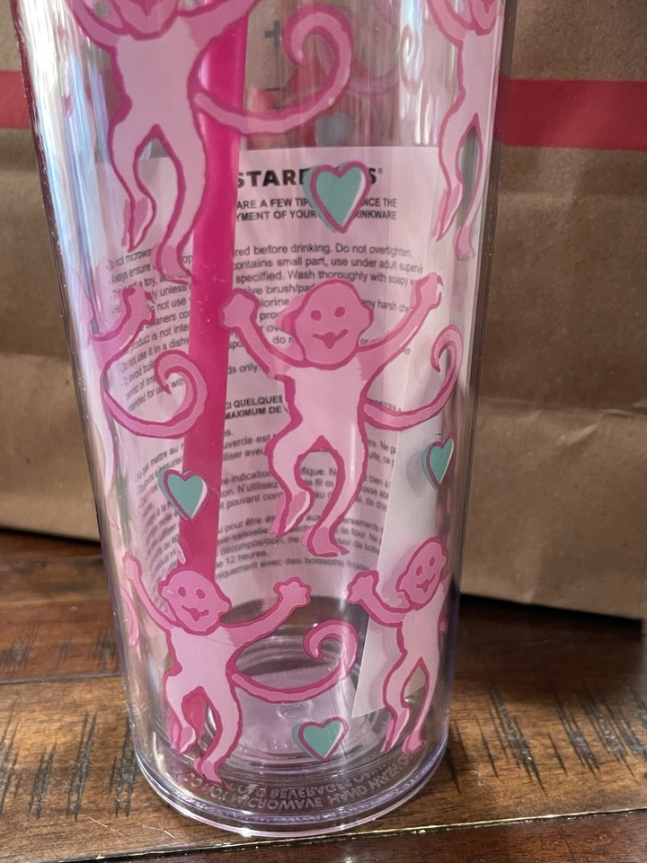 Starbucks x Roller Rabbit Pink Clear Monkey Tumbler Cup Limited | eBay