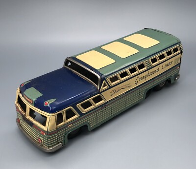 Vtg 1950s Tin Toy Friction Bus / 9" Greyhound Lines Scenicruiser ...