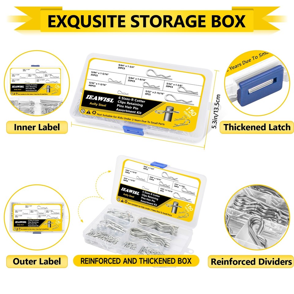 150PCS Cotter Pins, Cotter Pin Hairpin Assortment Kit, R Clip Key | eBay