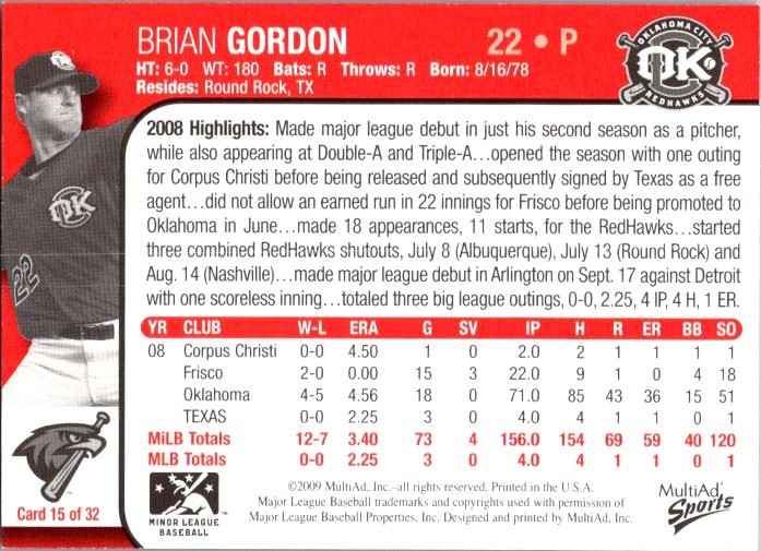 Brian Gordon 2009 MultiAd Oklahoma City RedHawks #15 Oklahoma City ...