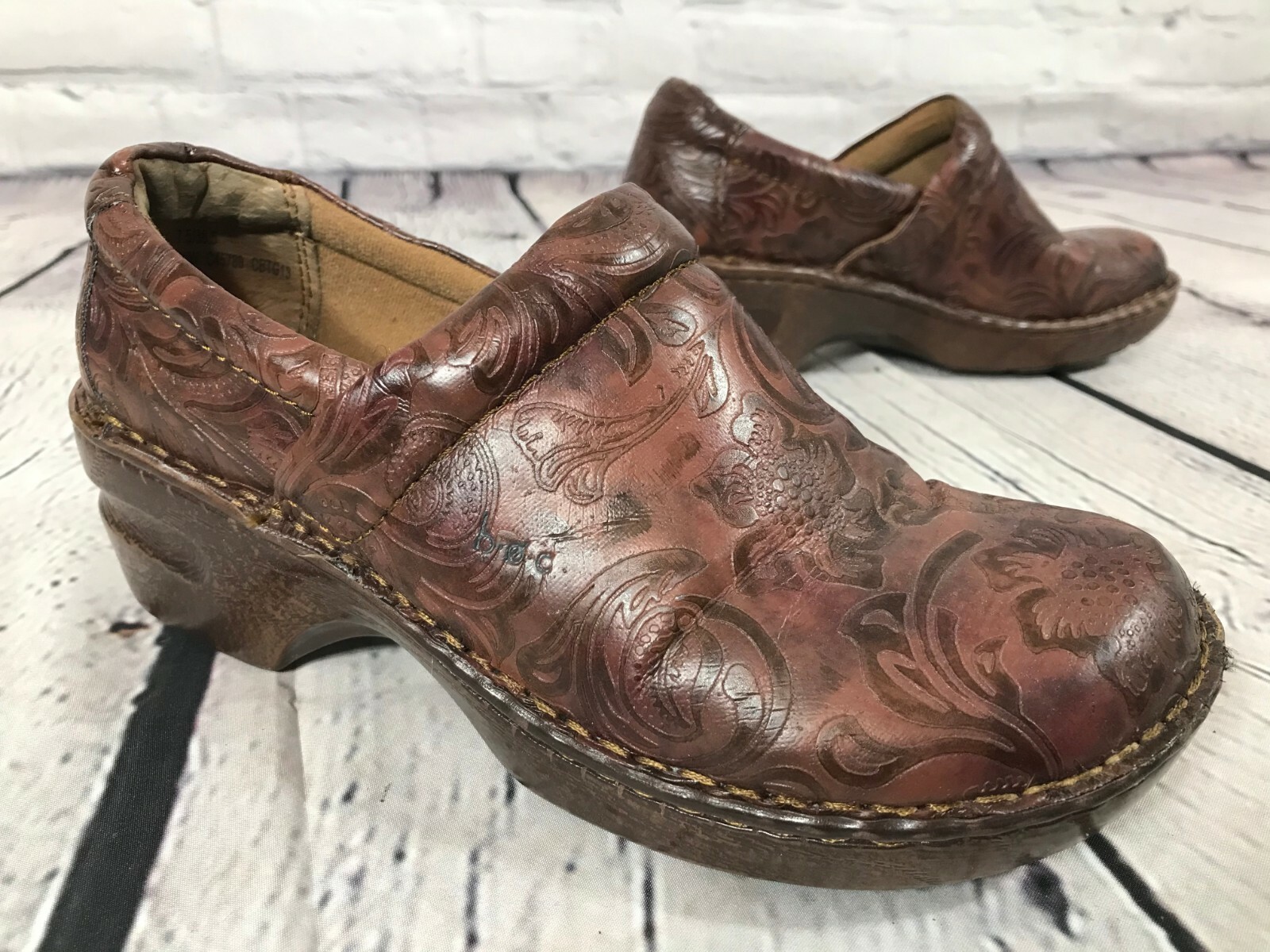 BOC BORN Concept Brown Leather Tooled Clogs Mules Wom… - Gem