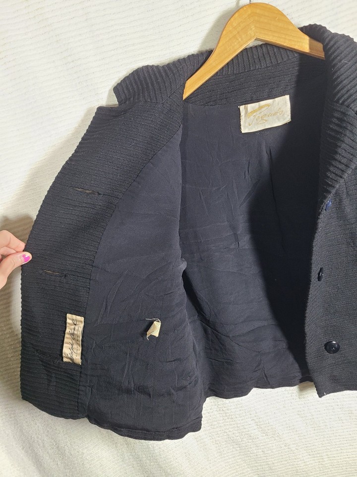 Vtg 60s Plus Size Black Wool Jacket Texture Stripe Mod MCM Gathered ...