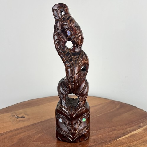 New Zealand Maori Tribal Art Hand Carved Paua Shell Eyes Sculpture Tiki ...