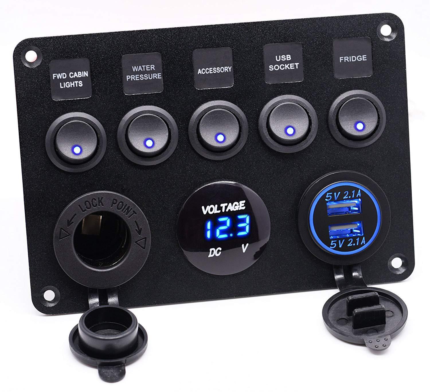 5 Gang 12V LED Light Switch Control Panel Camper Van RV Voltmeter 2 USB ...