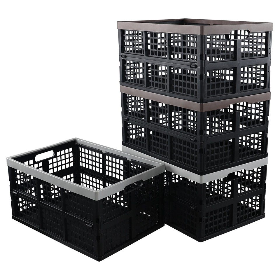 4-Packs Plastic Stacking Folding Storage Crates, Stackable Collapsible ...