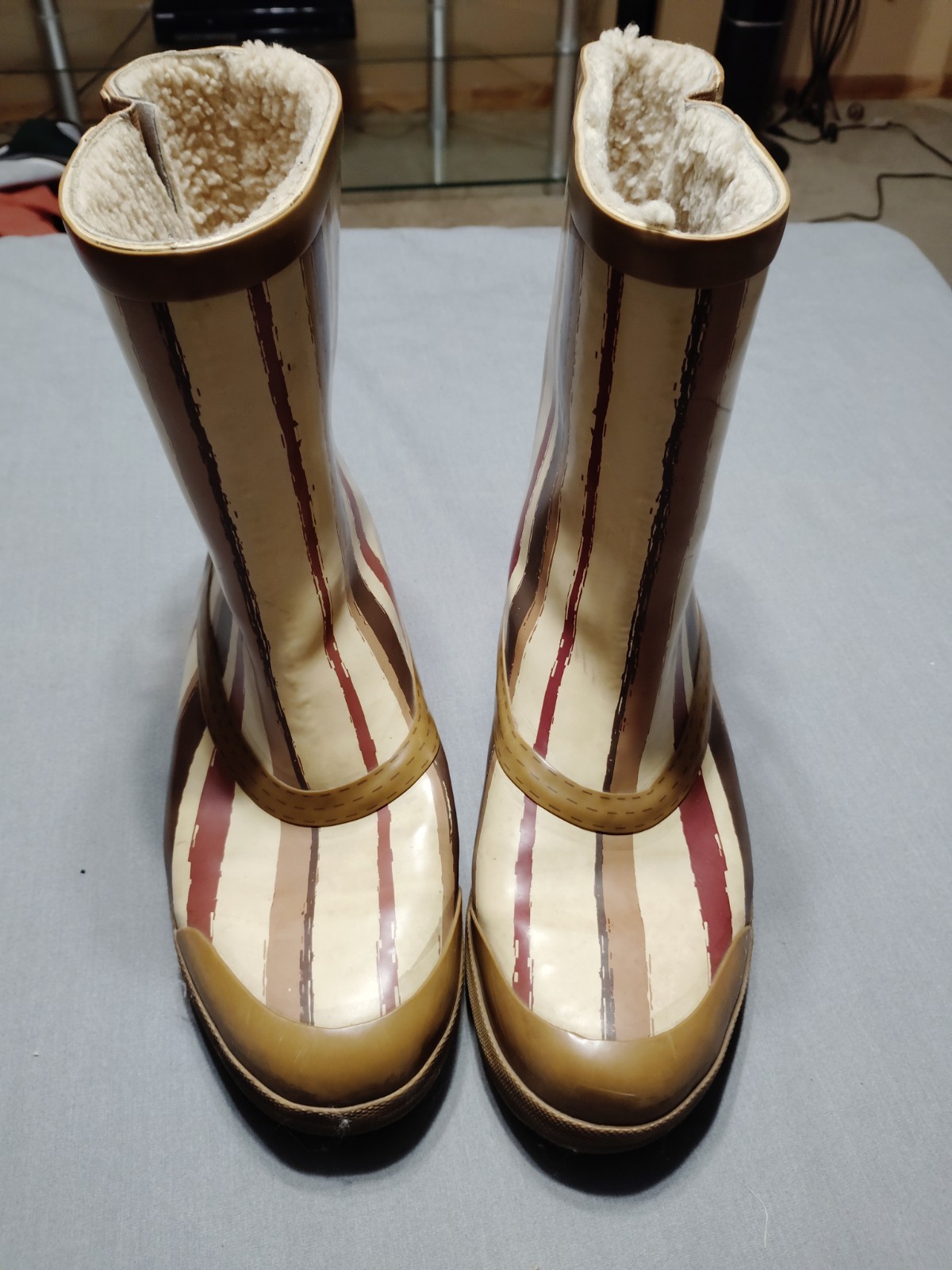 UGG Women Wool Lined Rubber Tan Striped Mid-Calf Preppy Western Rain ...
