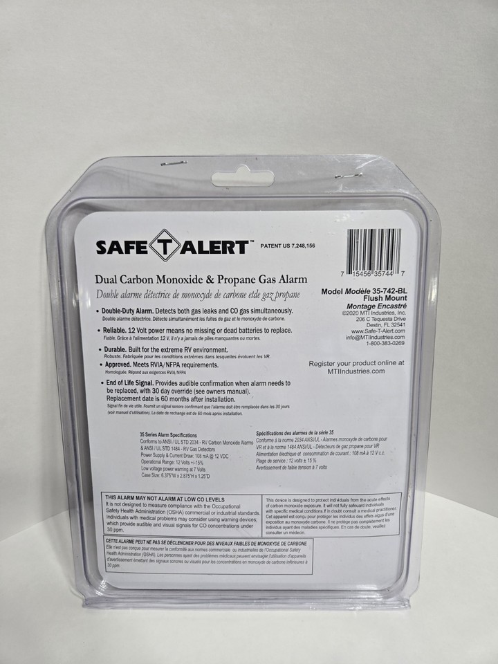 Safe‑T‑Alert 35‑742‑BL Dual RV LP & CO Alarm Flush Mount (12V) – New ...