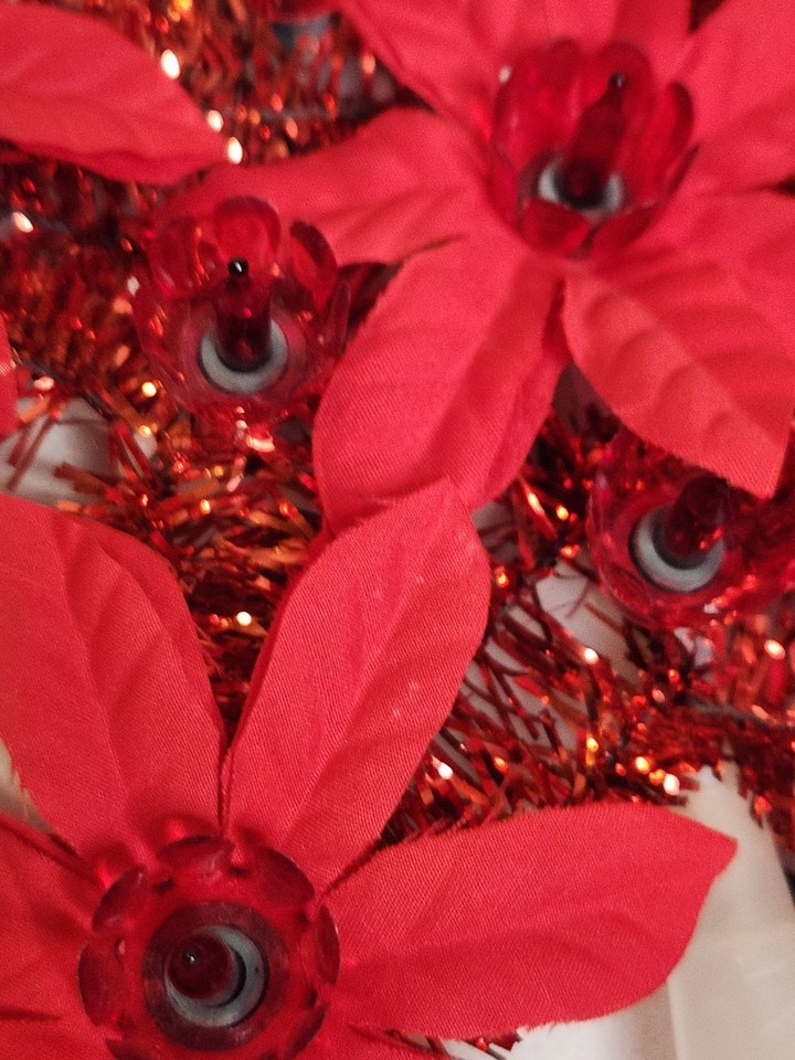 VTG 11 Light Red Silk Christmas Poinsettia Tree Topper Flower Reflector ...