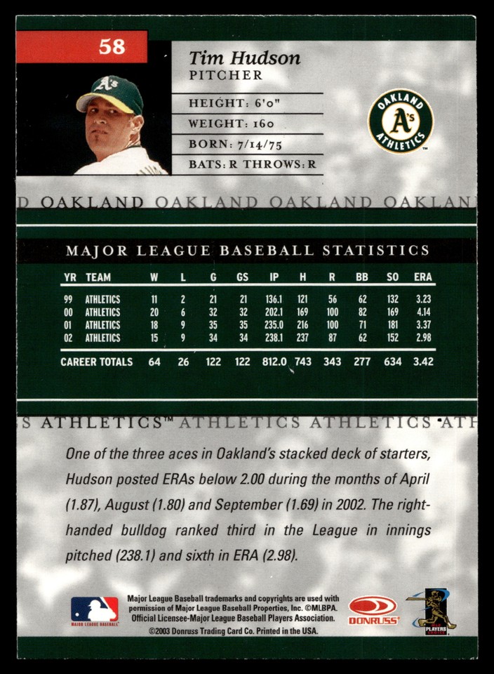 2003 Donruss Elite Tim Hudson #58 Oakland Athletics Baseball Card | eBay