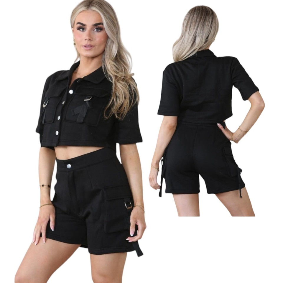 Women's Ladies Cargo Shorts Crop Top 2 Piece Set Co-ord Casual Summer ...