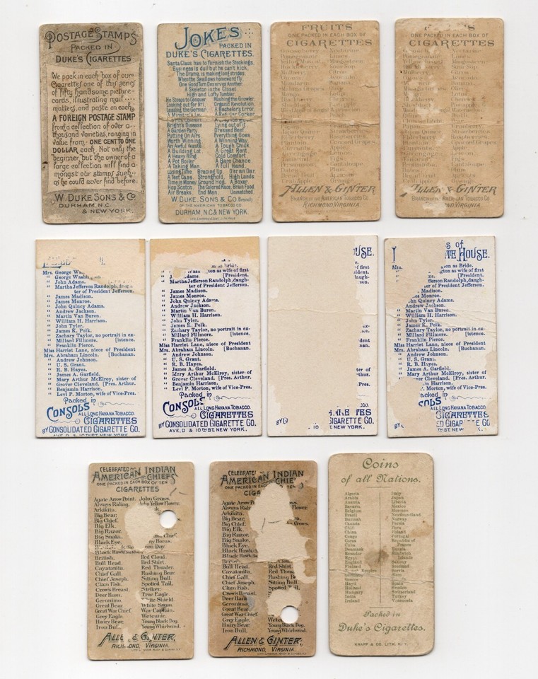 11 Card lot Allen & Ginter FRUITS Duke JOKES Consols LADIES OF WHITE ...